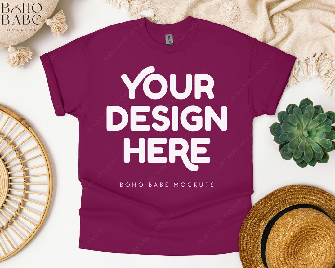 Gildan 5000 BERRY Mockup, Gildan 5000 Flat Lay Tshirt Mock Ups, Boho ...