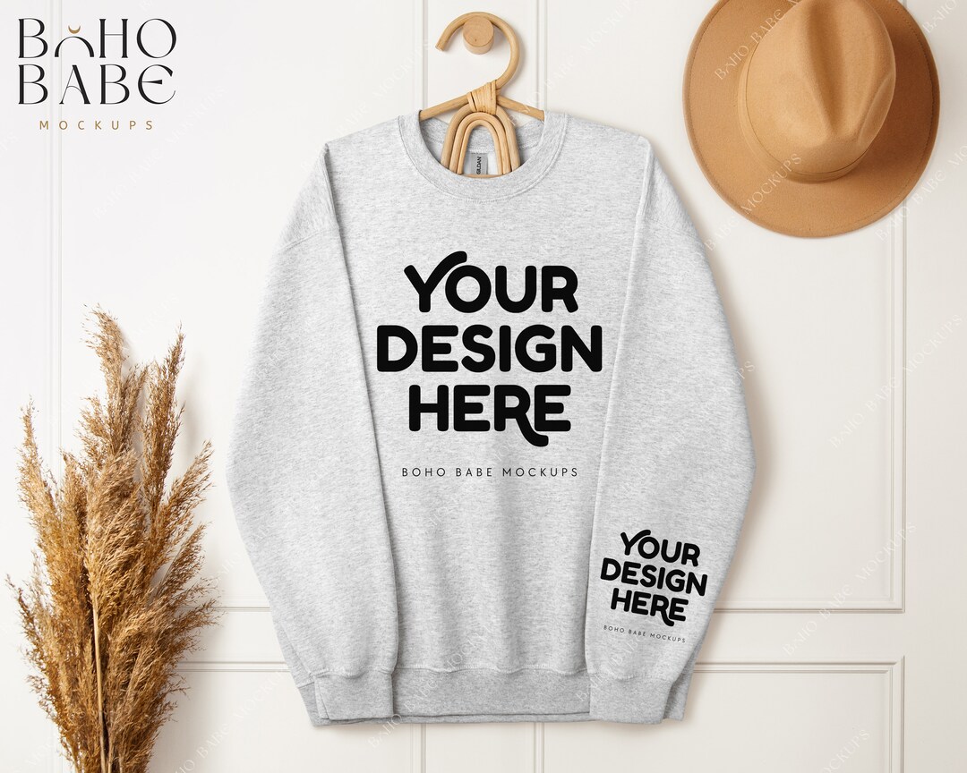 ASH Grey Gildan 18000 Sleeve Sweatshirt Mockup | Left Cuff Print, Right ...