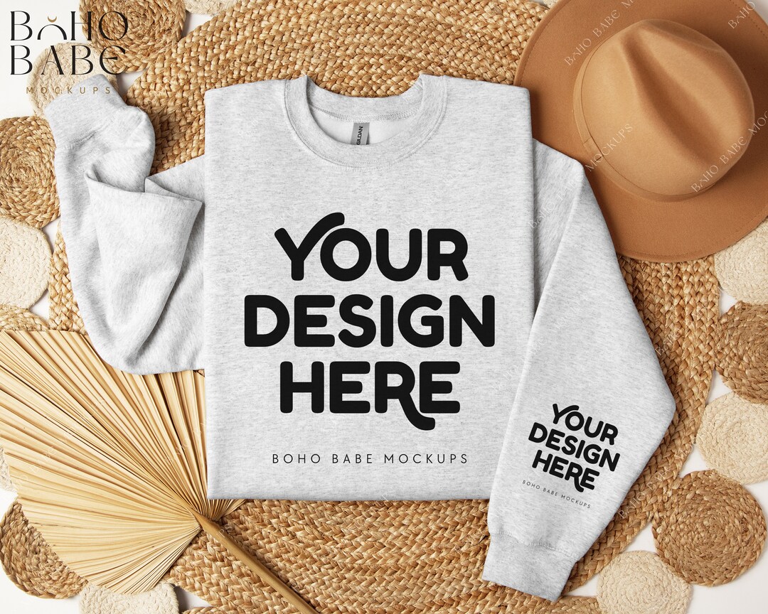 ASH Grey Gildan 18000 Sleeve Sweatshirt Mockup | Cuff Print Mock Up ...
