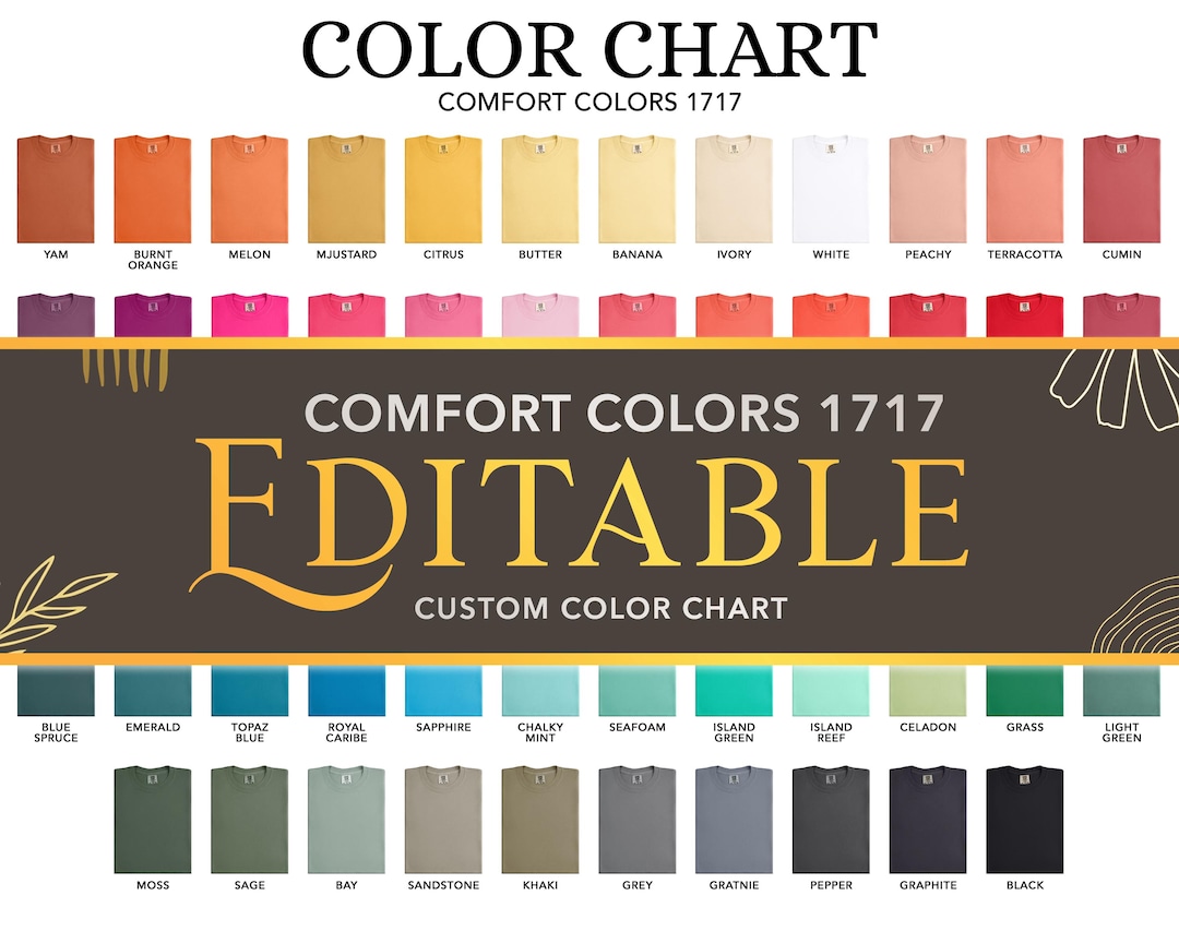 Editable Color Chart Comfort Colors 1717 | 66 PNG Folded Shirts ...