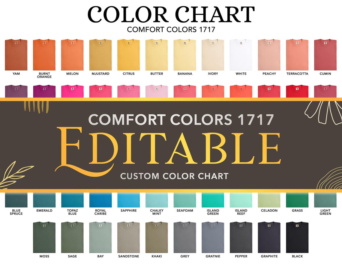 Editable Color Chart Comfort Colors 1717 | 66 PNG Folded Shirts ...
