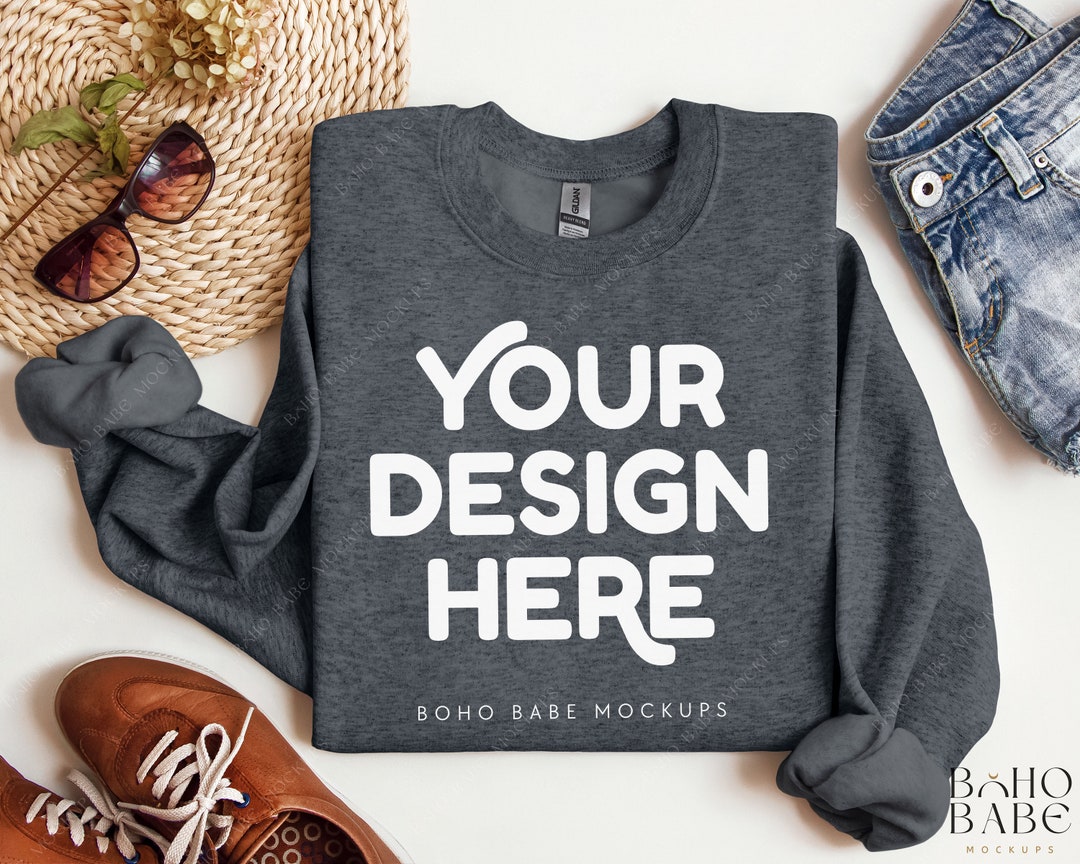 Gildan 18000 Mockup - Dark Heather | Boho Flat Lay Mockup, Folded ...