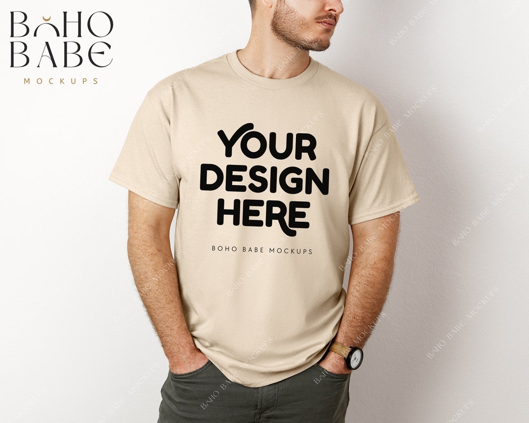 SAND Gildan 5000 Male Model Mockup | Gildan Heavy Cotton T-shirt Man ...