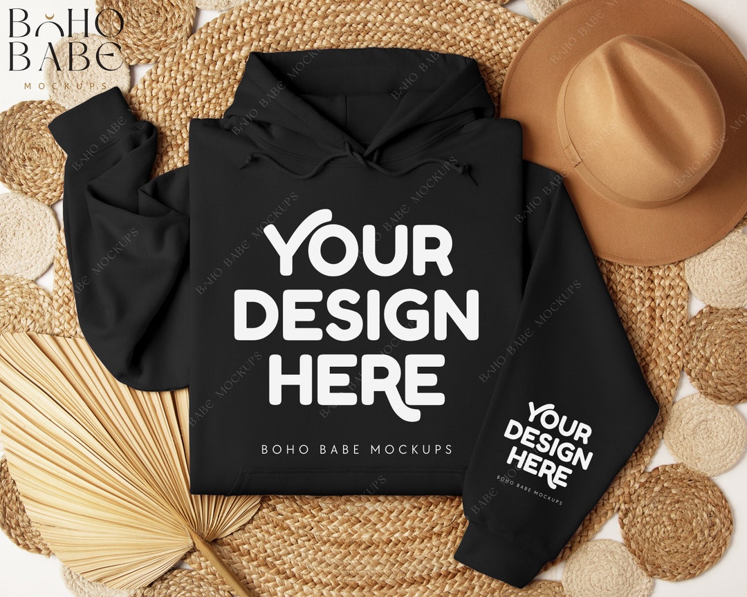 BLACK Gildan 18500 Sleeve Hoodie Mockup | Left Wrist Cuff Print, Pocket ...