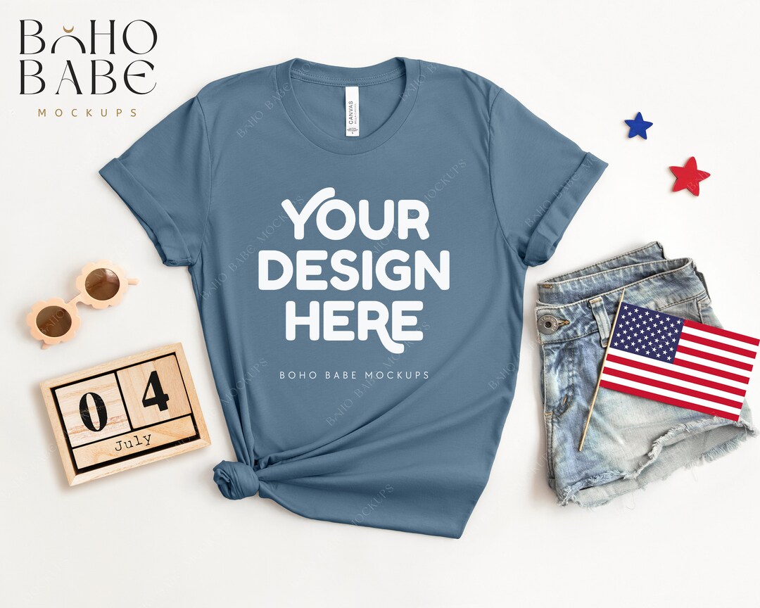 4th of July Mockup, Bella Canvas 3001 STEEL BLUE Mockup, Tshirt Flat ...