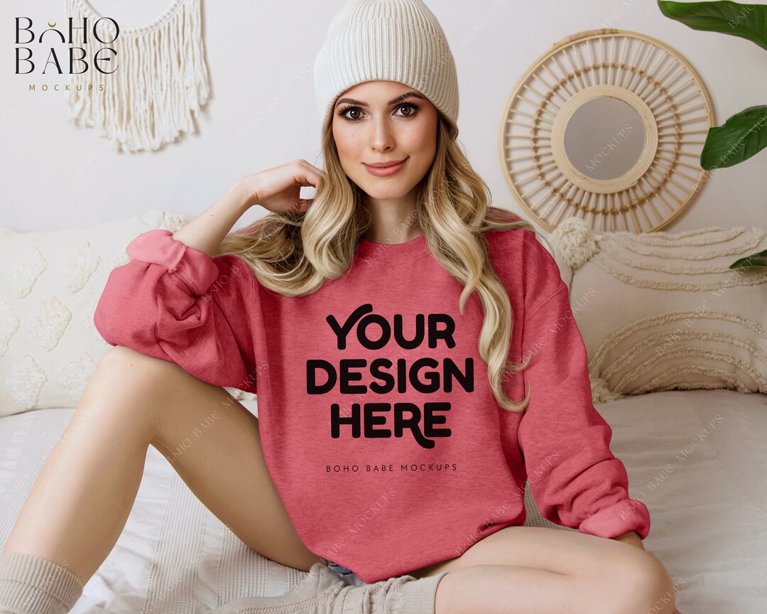 HEATHER Sport SCARLET RED Gildan 18000 Model Mockup | Boho Sweatshirt ...