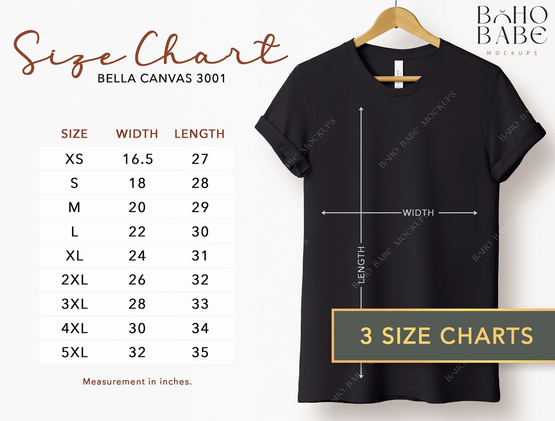 Size Chart Bella Canvas 3001 | 3 Unisex T-shirt Size Charts Inches and ...