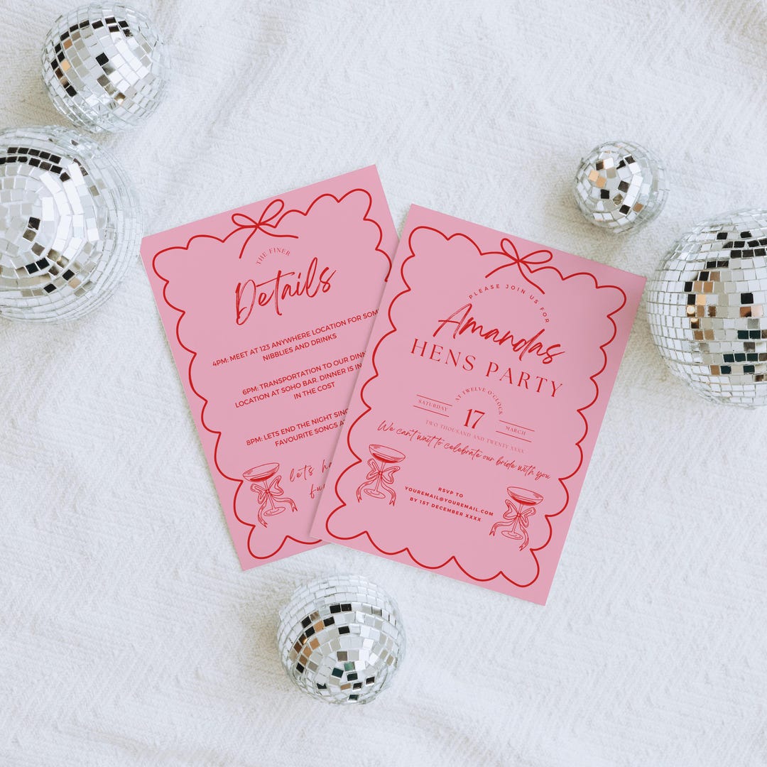 Wavy Border With Bow Hens Party Invite, Bridal Shower Bachelorette ...
