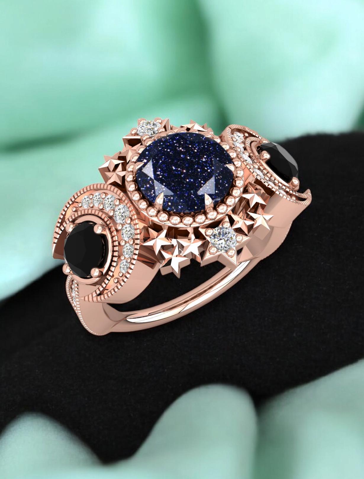 Sterling Silver Blue Sandstone Star Moon Ring: Handmade Galaxy Jewelry ...