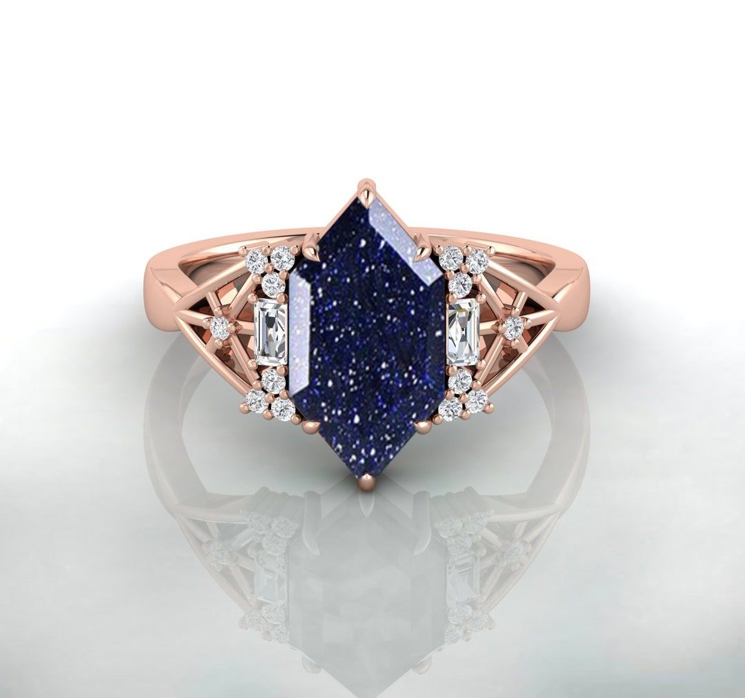 Natural Blue Sandstone Hexagon Shape Ring Galaxy Ring Leaf Texture Ring ...