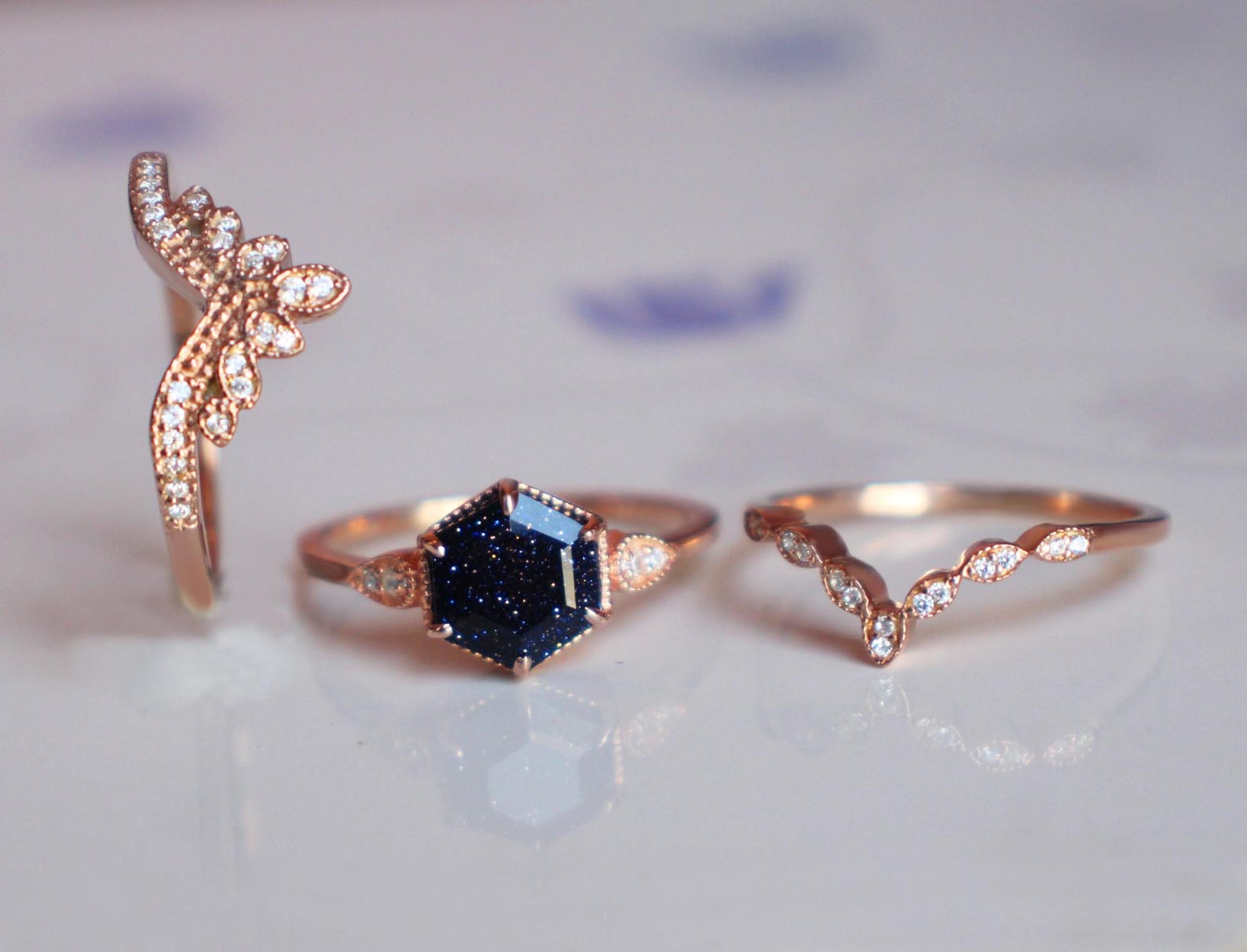 Natural Blue Sandstone Hexagon Shape Ring Set Galaxy Ring Blue ...