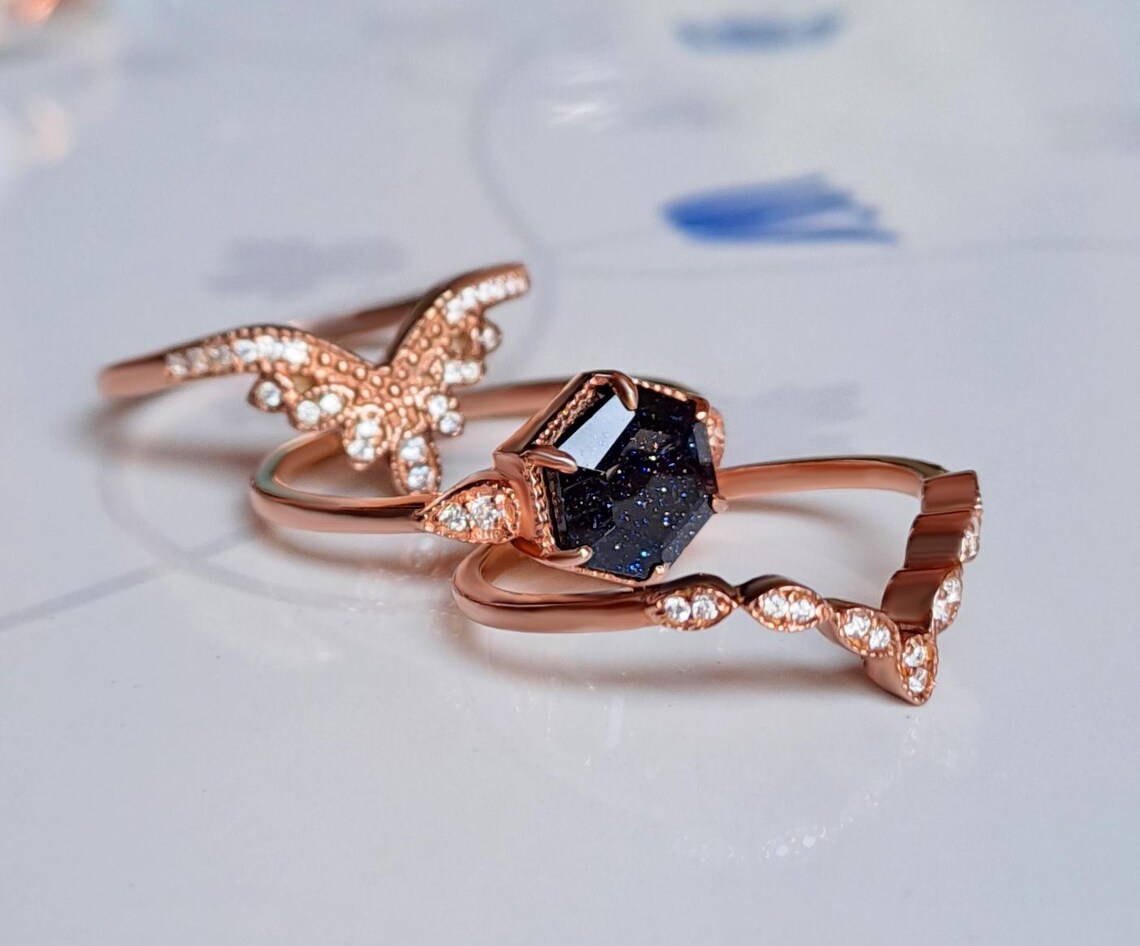 Natural Blue Sandstone Hexagon Shape Ring Set Galaxy Ring Blue ...