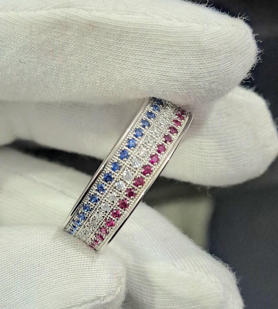 Sterling Silver American Flag Ring: Sapphire, Ruby & White Topaz ...