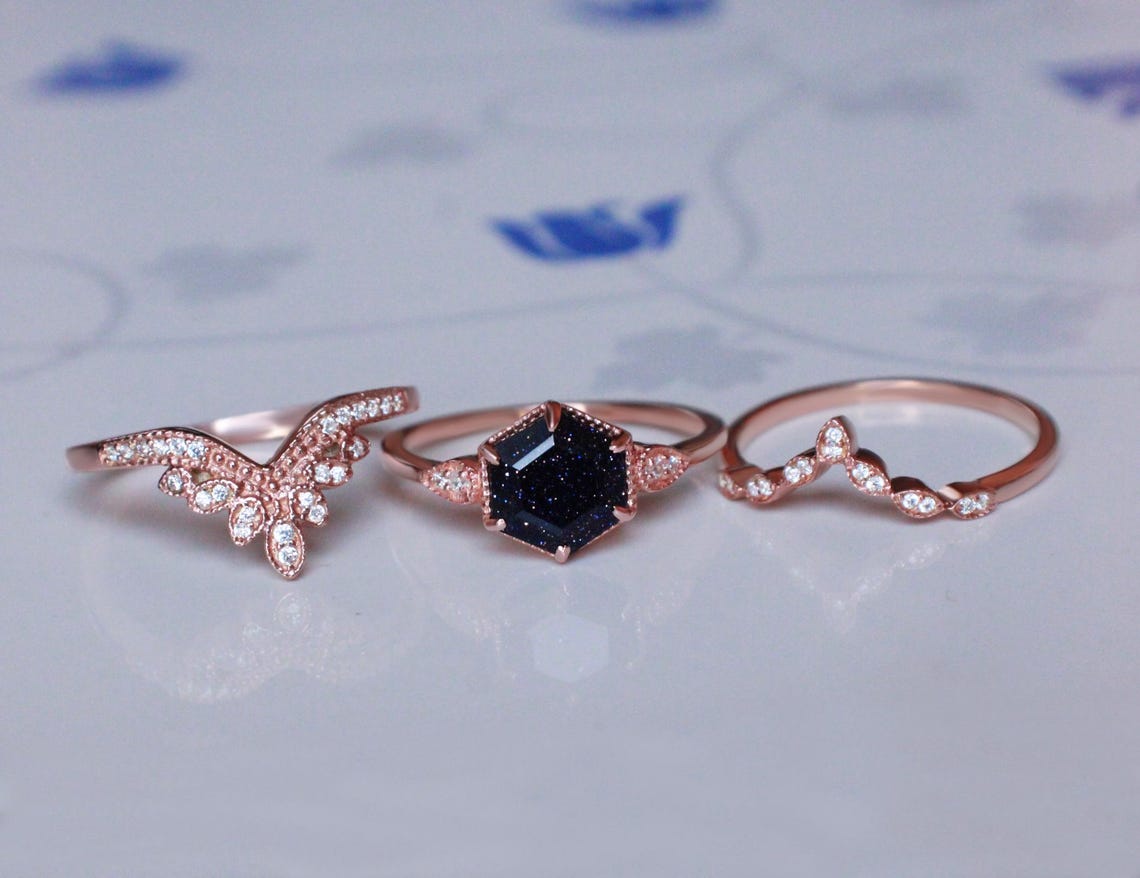 Natural Blue Sandstone Hexagon Shape Ring Set Galaxy Ring Blue ...