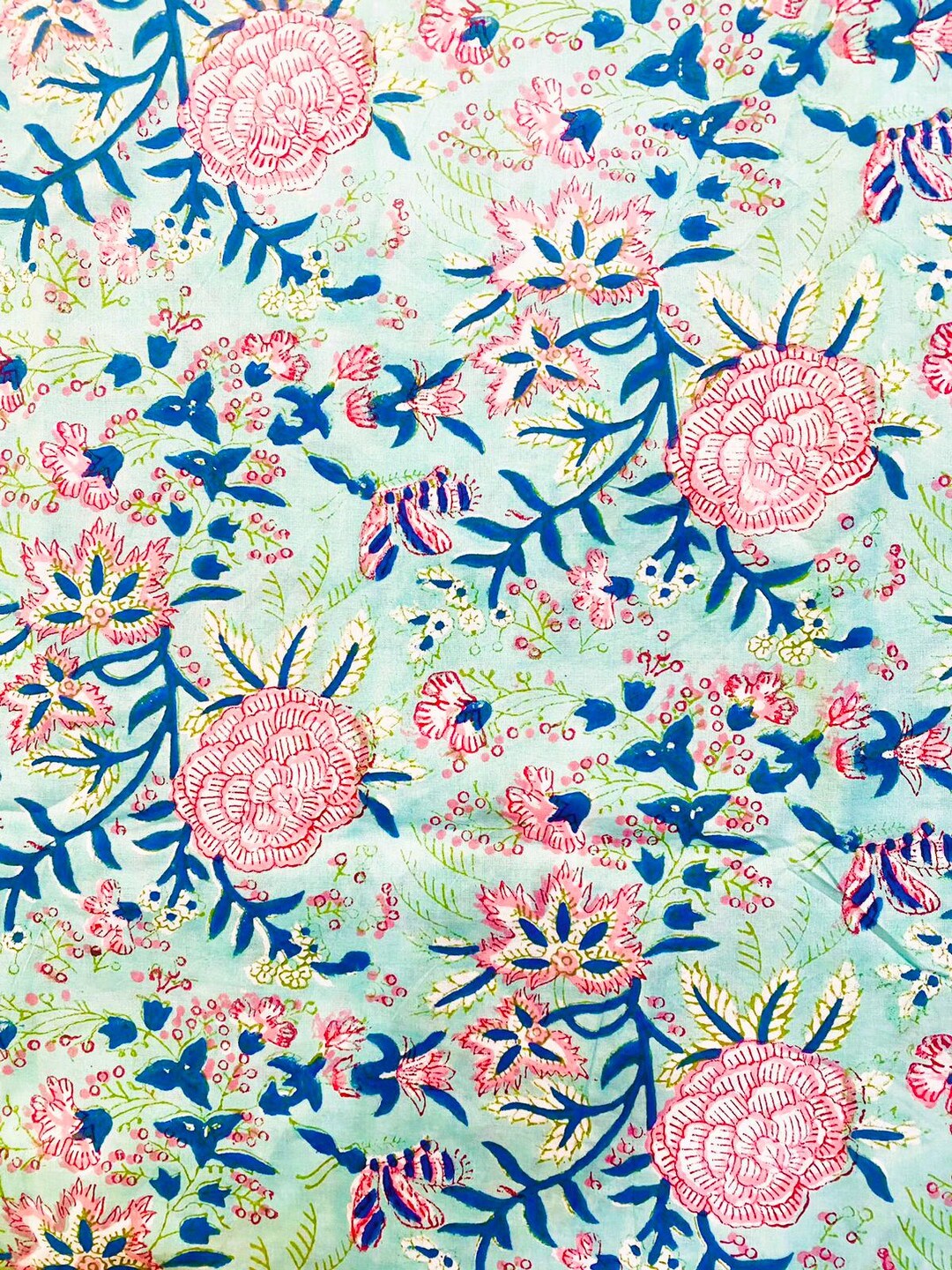 Pink and Blue Indian Hand Block Print Fabric by the Meter,dress Making ...