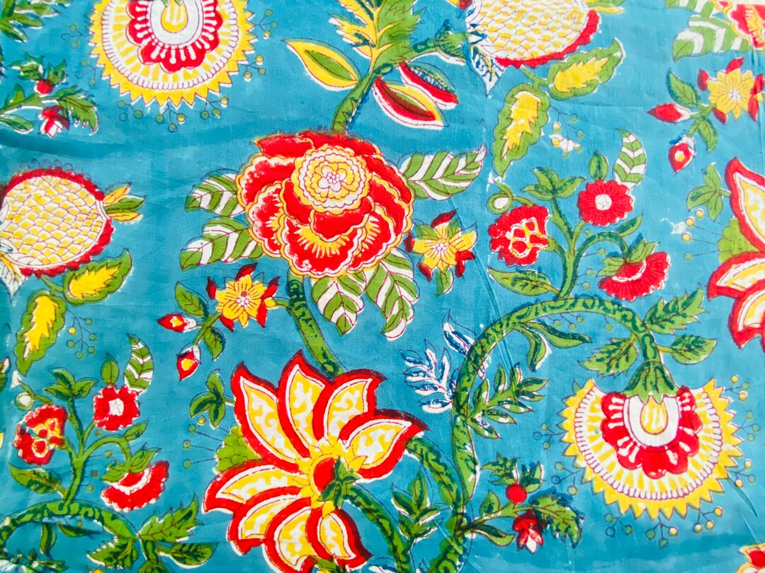 Blue & Red Indian Hand Block Print Fabric – 100% Pure Cotton for Dress ...