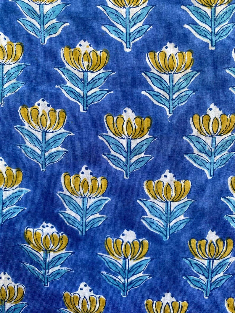 Hand Block Printed Cotton Fabric: Blue Floral Print, 44" Wide - Etsy