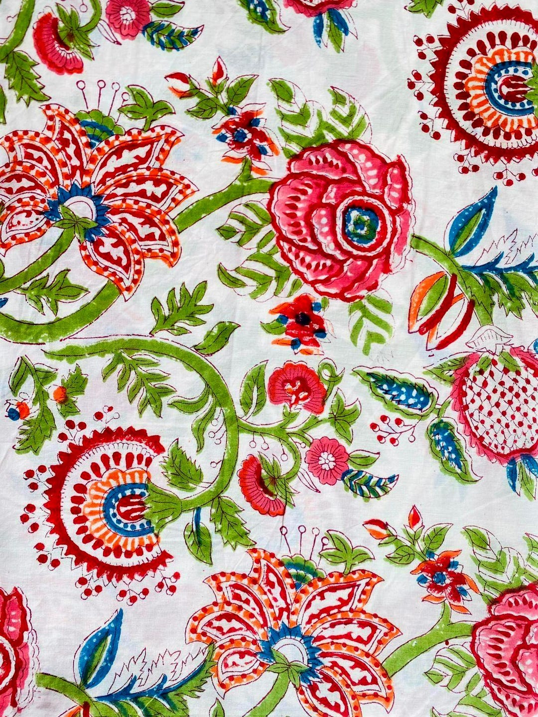 Red & Green Hand Block Print Cotton Fabric by the Yard | Indian Sewing ...