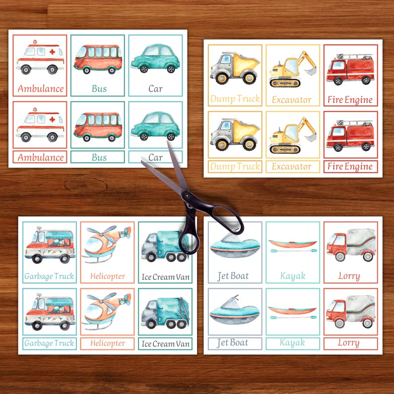 Vehicles Montessori Printable 12 Cards. Toddler Transportation Matching ...