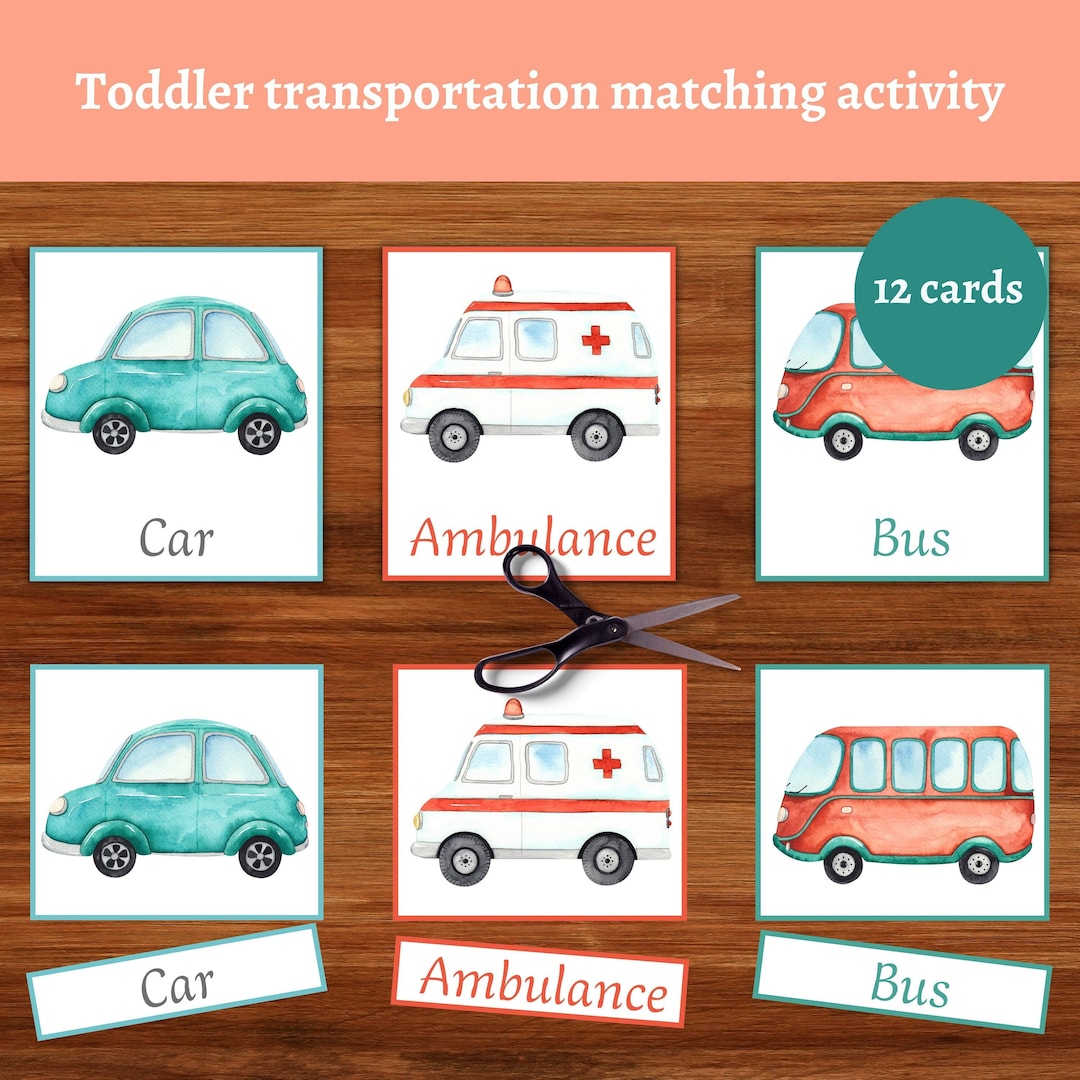 Vehicles Montessori Printable 12 Cards. Toddler Transportation Matching ...