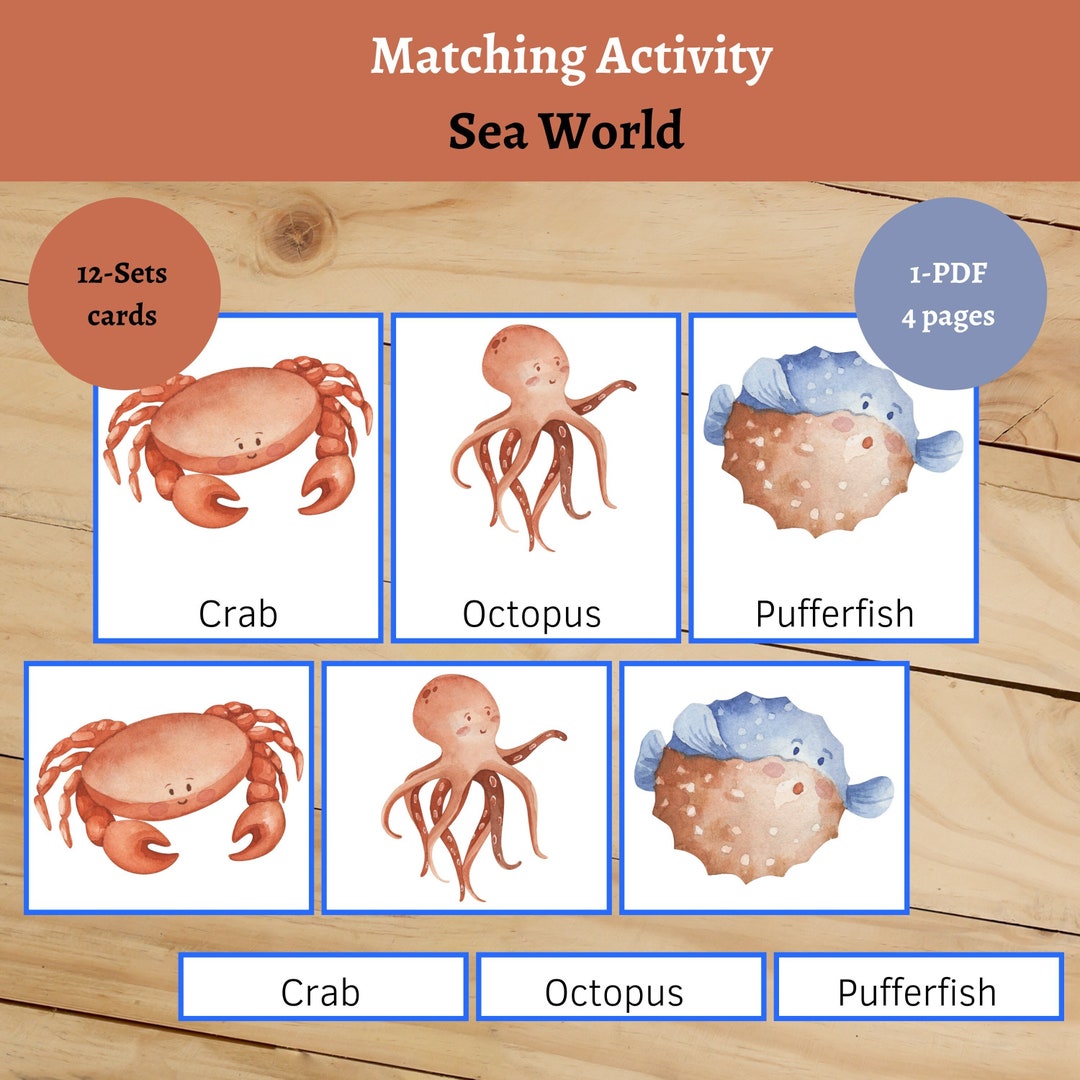 Sea Animals-montessori Printable 12 Set Cards. Sea Animals Matching ...