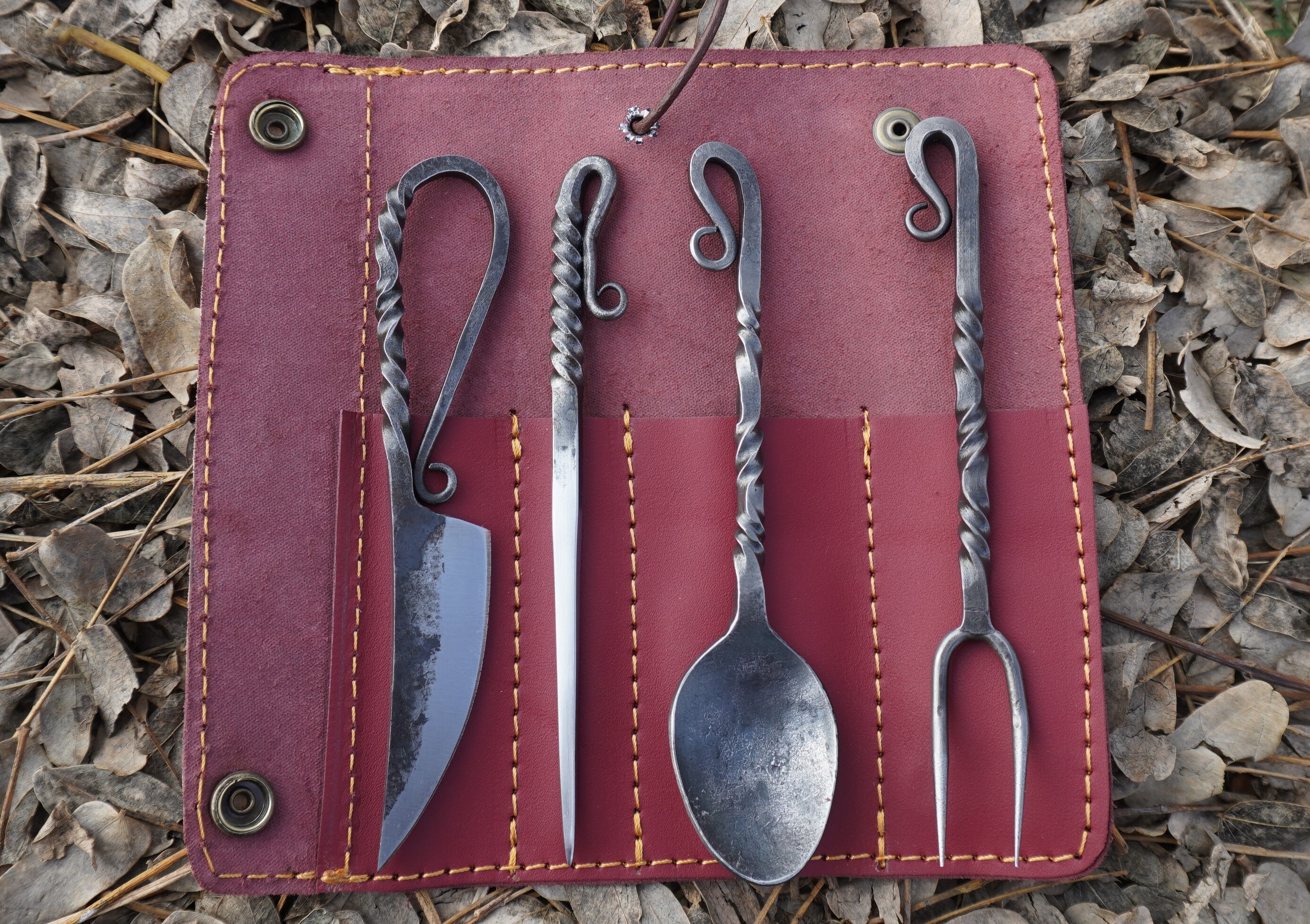 Viking Cutlery Set With Engraved Runes, Leather Pouch – Handmade ...