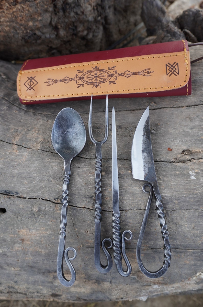 Viking Cutlery Set With Engraved Runes, Leather Pouch – Handmade ...