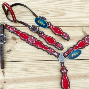 Red Metallic Leather Headstall & Breast Collar Set: Argentina Cowhide ...