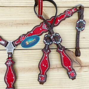 Red Metallic Leather Headstall & Breast Collar Set: Argentina Cowhide ...