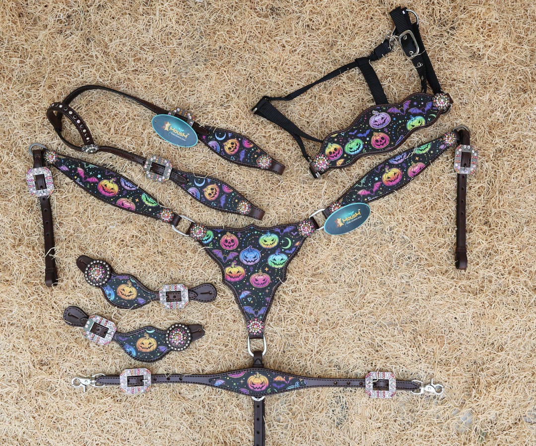 MOUSM Spooky Western Leather Headstall Breast Collar Tack Set Ghost and ...