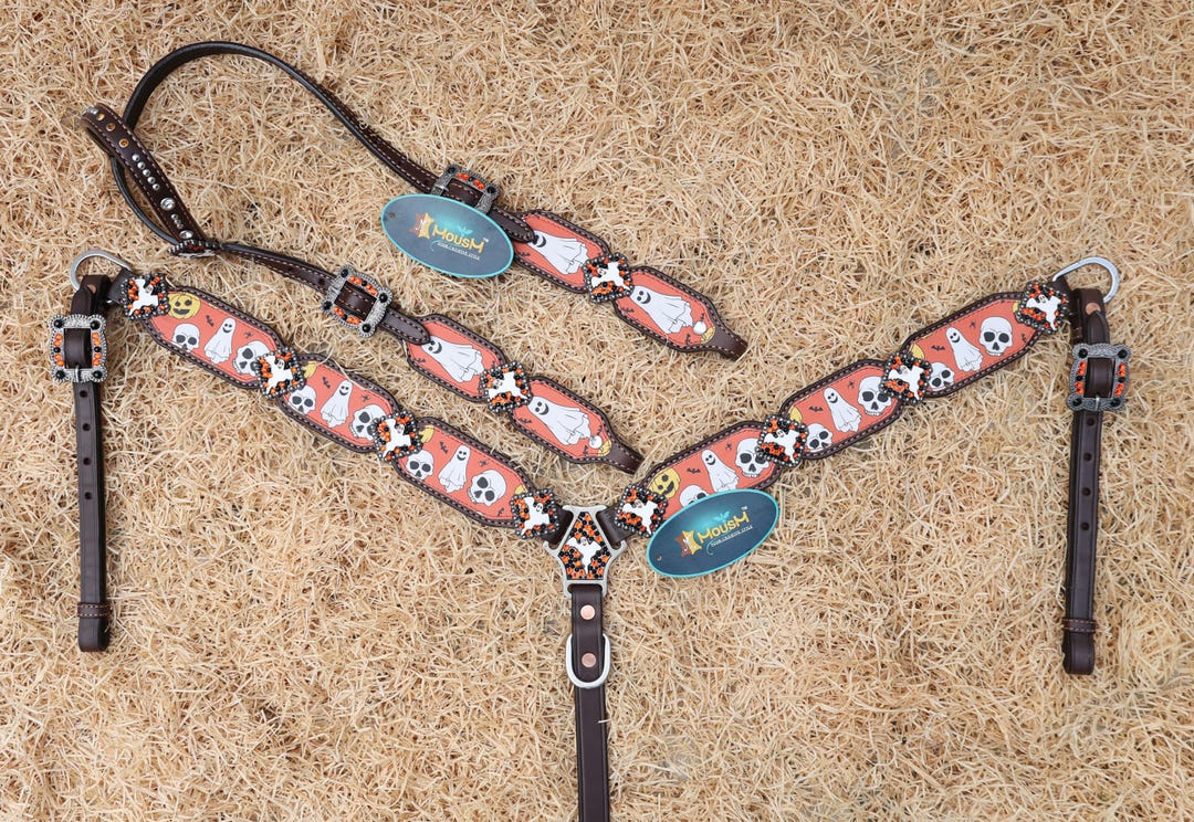Halloween Headstall Tack Set Decoration Ghost and Skulls With Orange ...