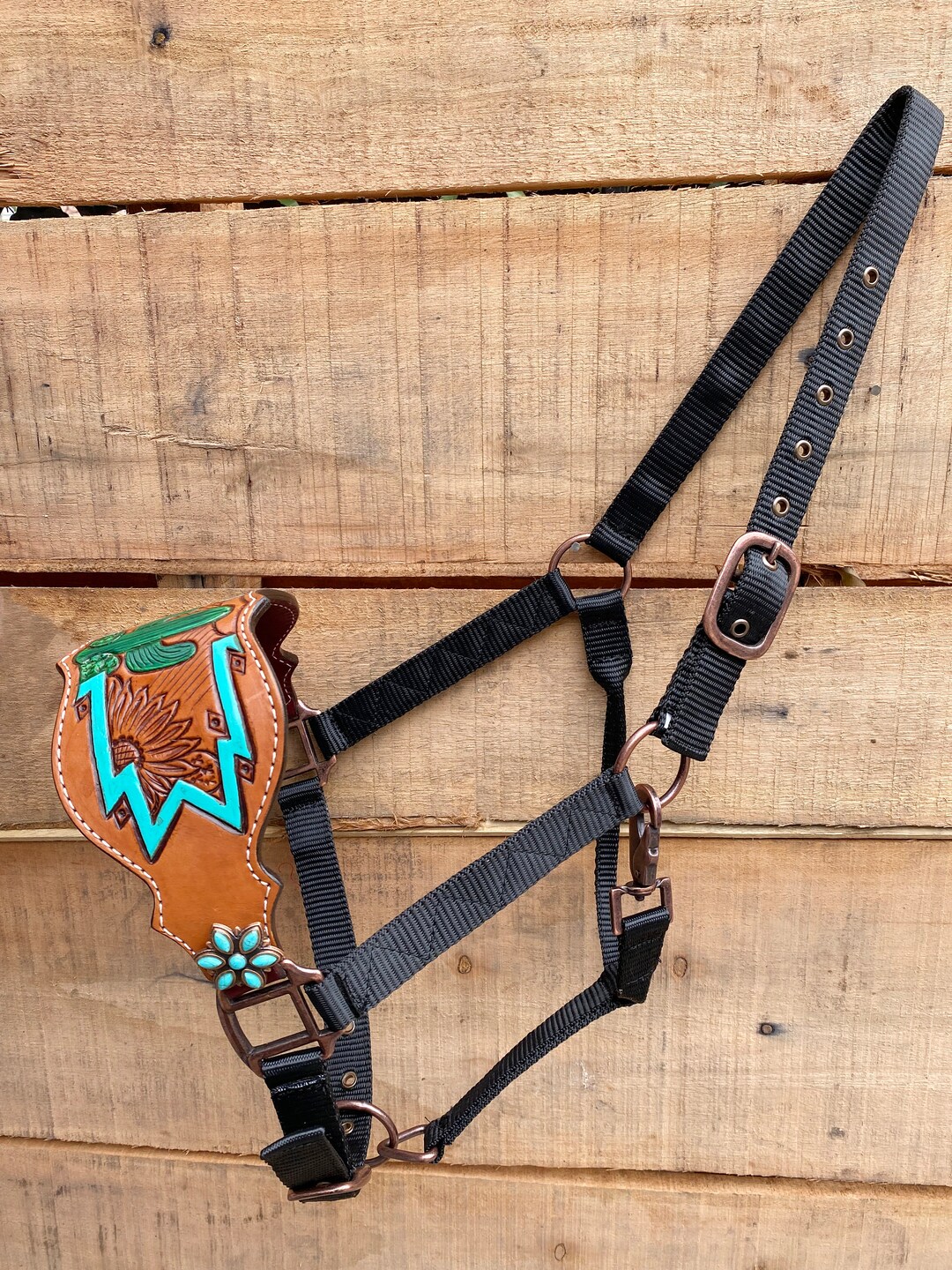 Handcrafted Leather Bronc Halter: Turquoise Flower, Cactus & Sunflower ...