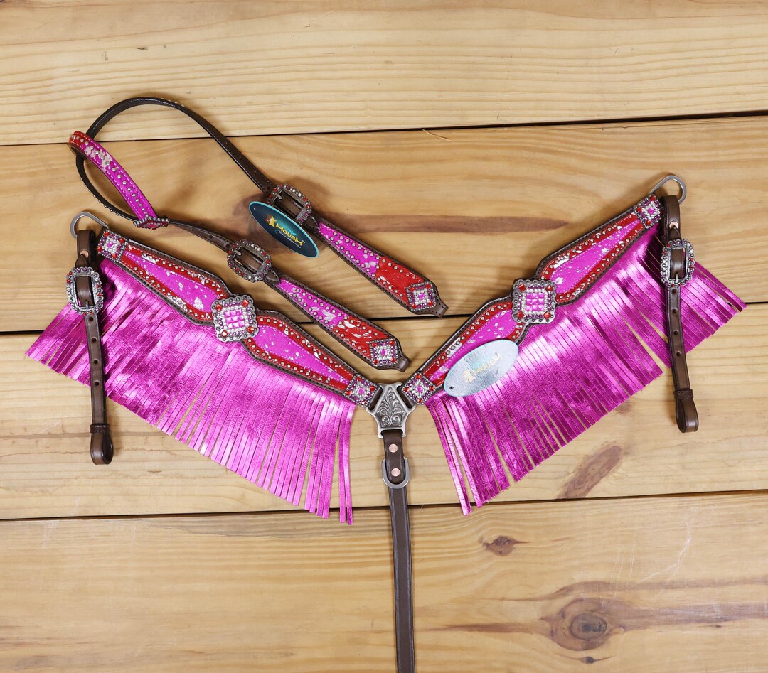 Valentine Headstall Tack Set With Red Pink Cowhide Inlay With Silver ...