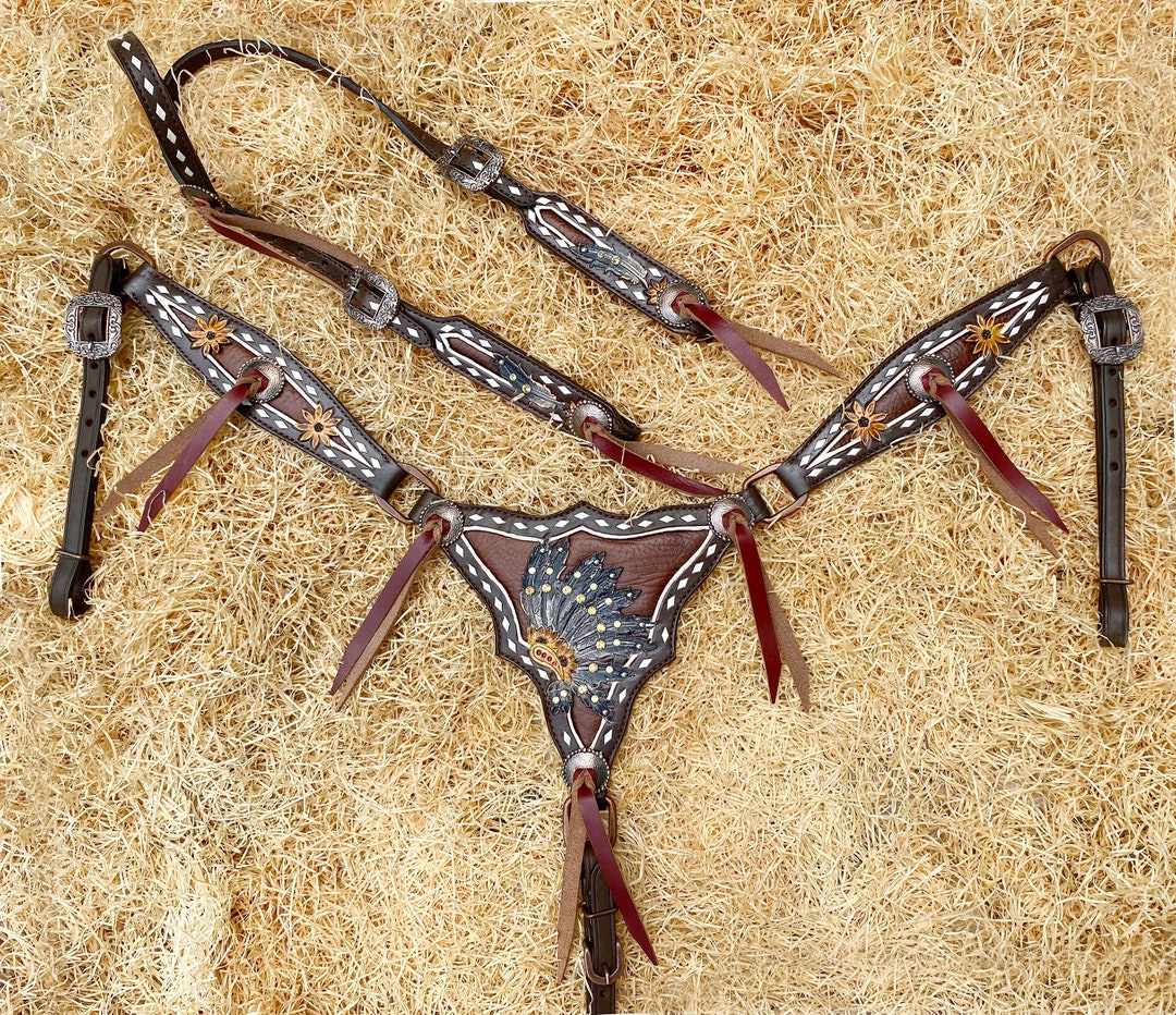 Leather Headstall and Breast Collar Set: Western Horse Bridle With ...