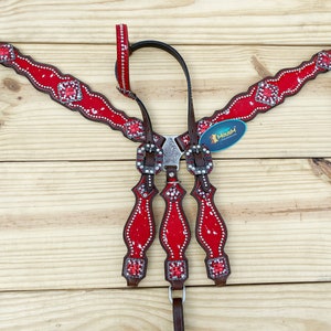 Red Metallic Leather Headstall & Breast Collar Set: Argentina Cowhide ...