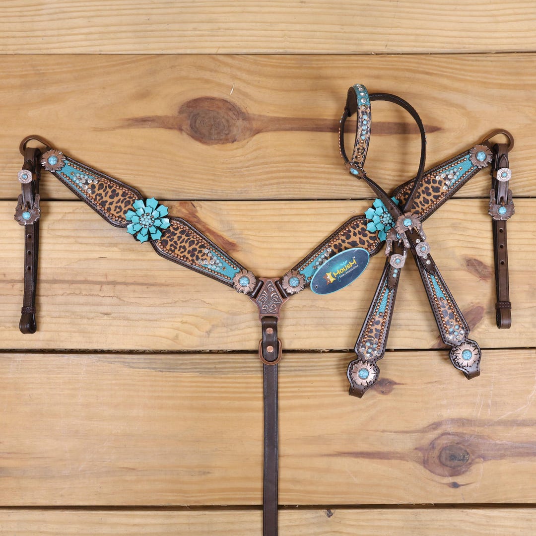 Leopard Carved 3D Flower Leather Horse Headstall Breast Collar Set ...