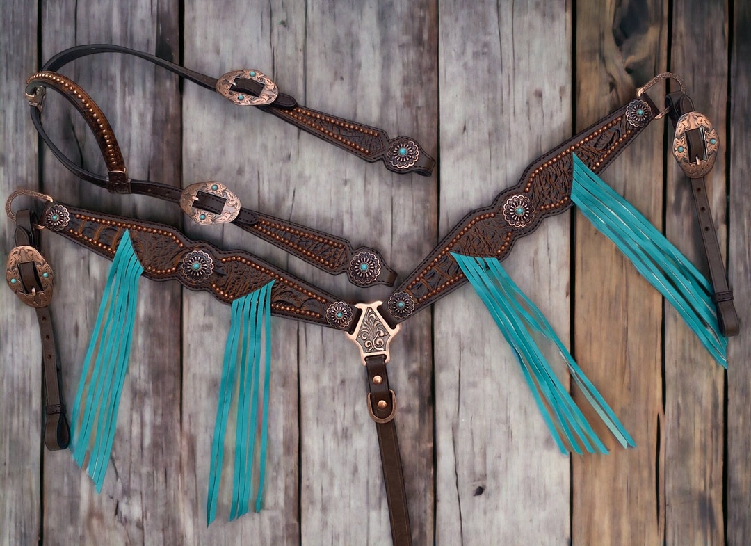 Genuine Cow Hide Leather Fringe Headstall & Breast Collar, Western ...