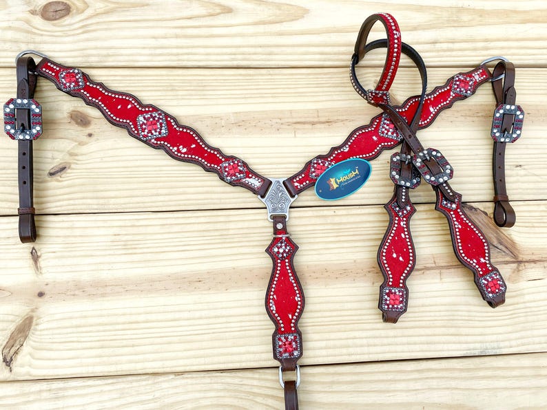 Red Leather Western Headstall & Breast Collar Set: Silver Rhinestone ...