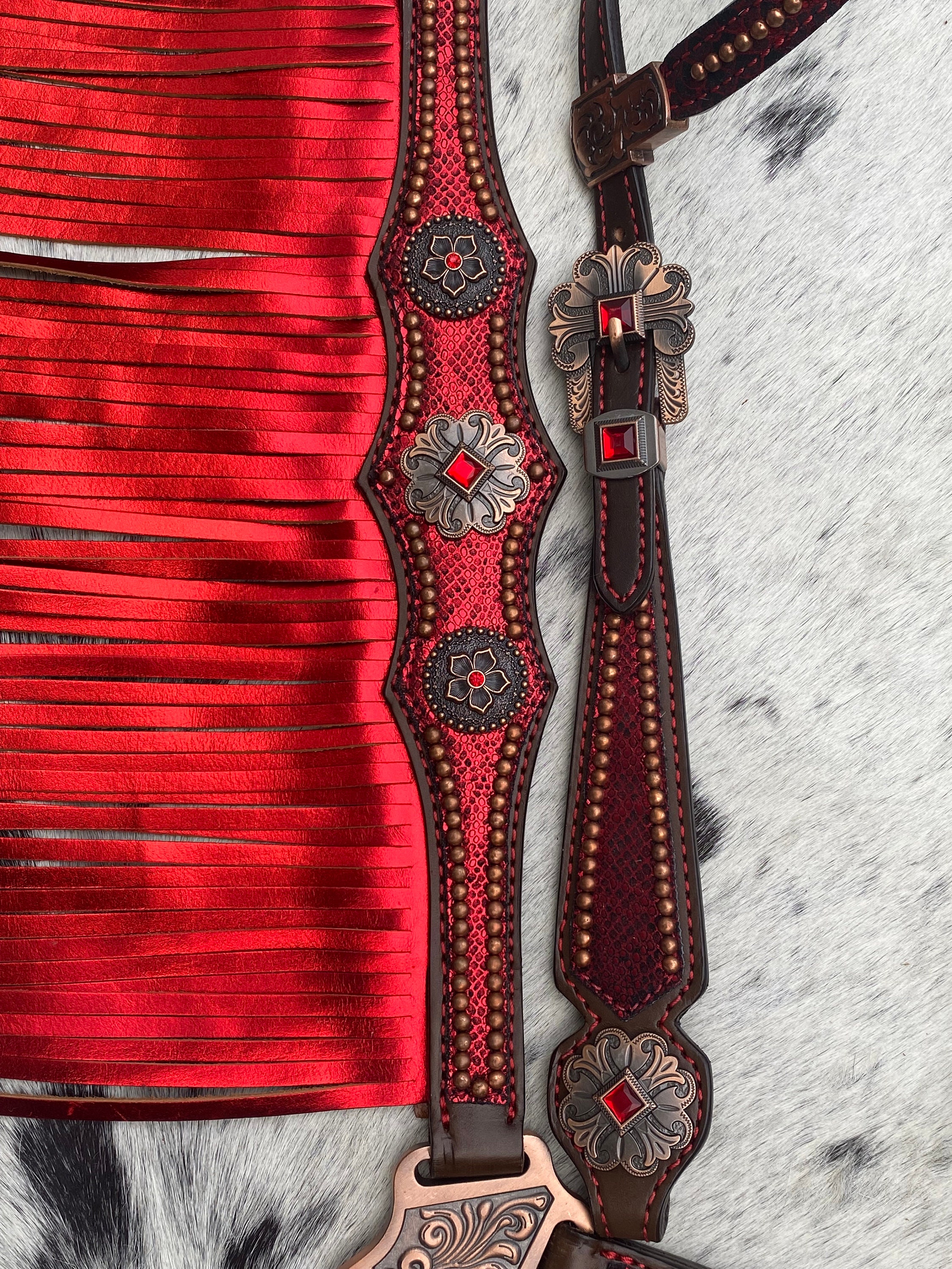 Red Leather Headstall Breast Collar Set: Western Horse Tack With Fringe ...