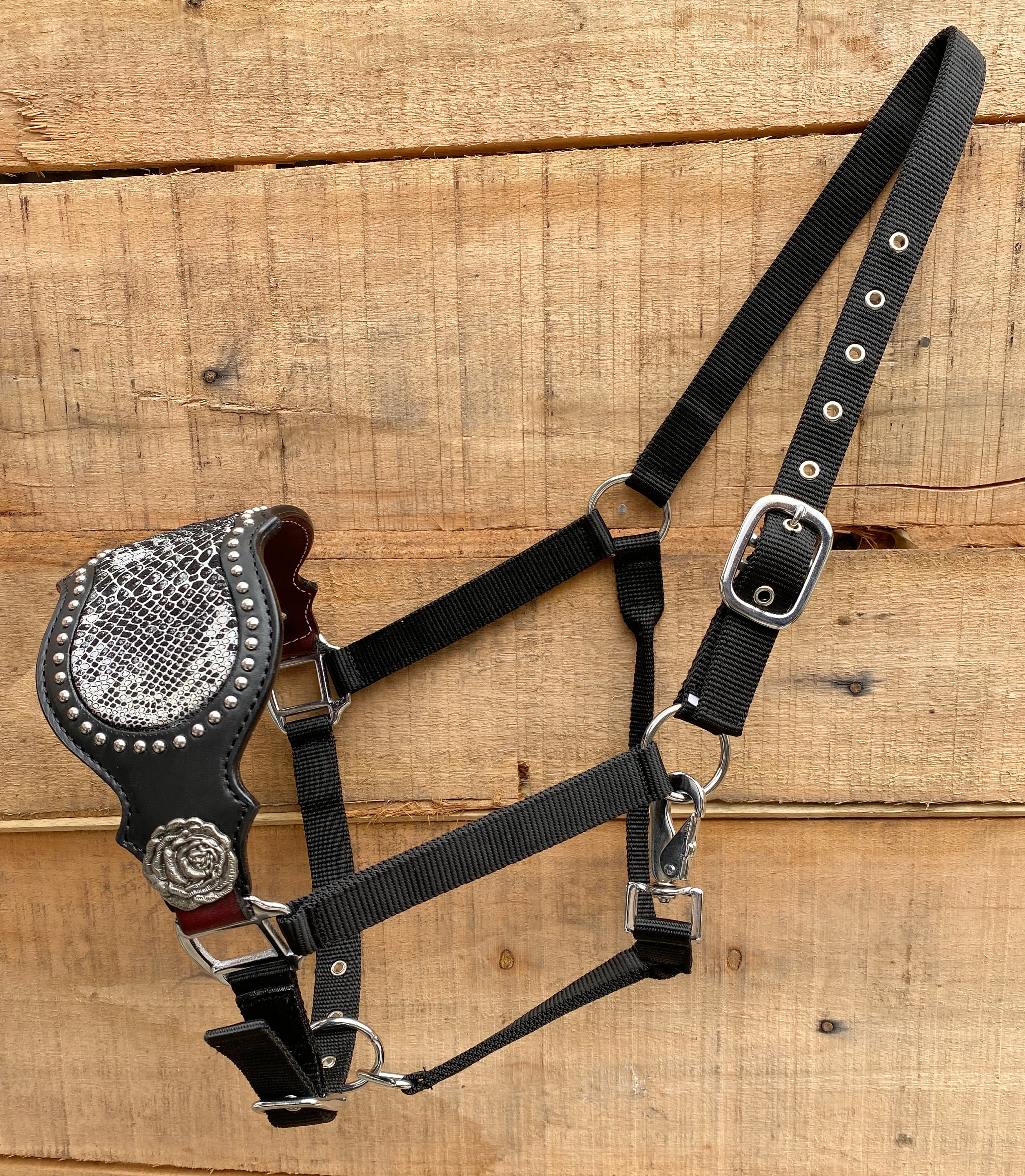 Handmade Leather Bronc Halter: Rose Concho, Snake Print, Silver Studs ...