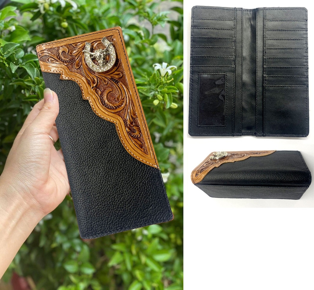Genuine Western Leather Wallet for Men Long Bifold Rodeo Cowboy Wallet ...