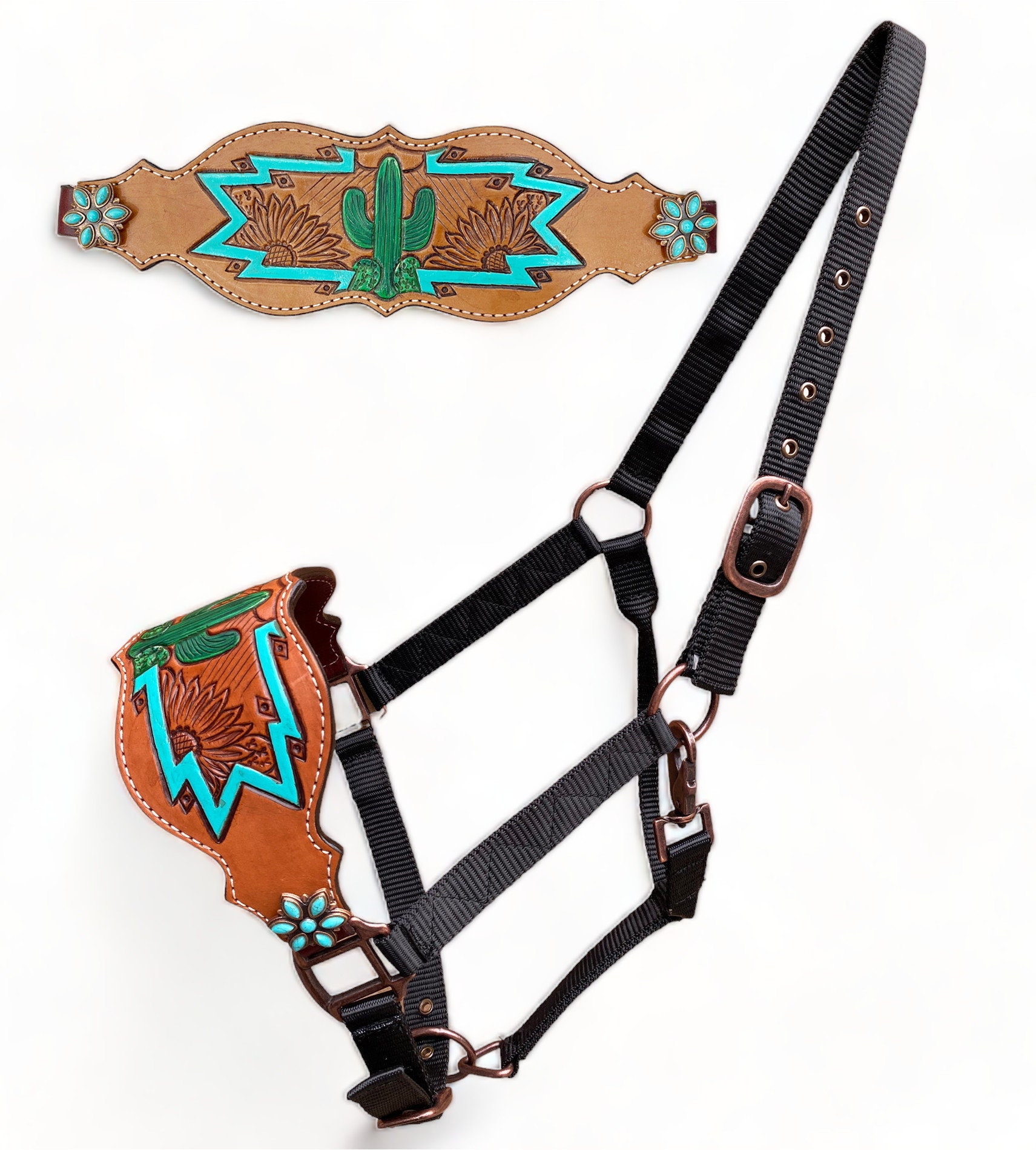 Handcrafted Leather Bronc Halter: Turquoise Flower, Cactus & Sunflower ...