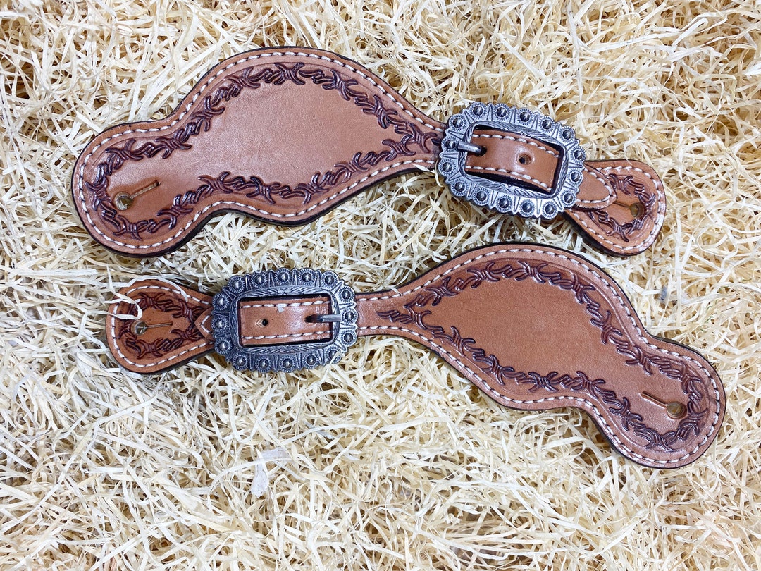 Leather Spur Straps: Tooled Leaf Design, Western Style - Etsy
