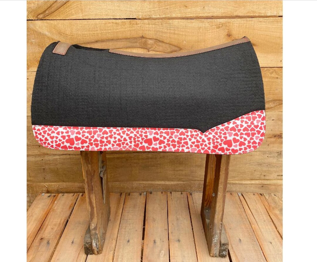 Western Saddle Pad: Black Felt With Pink Heart Print, Cow Leather Spine ...