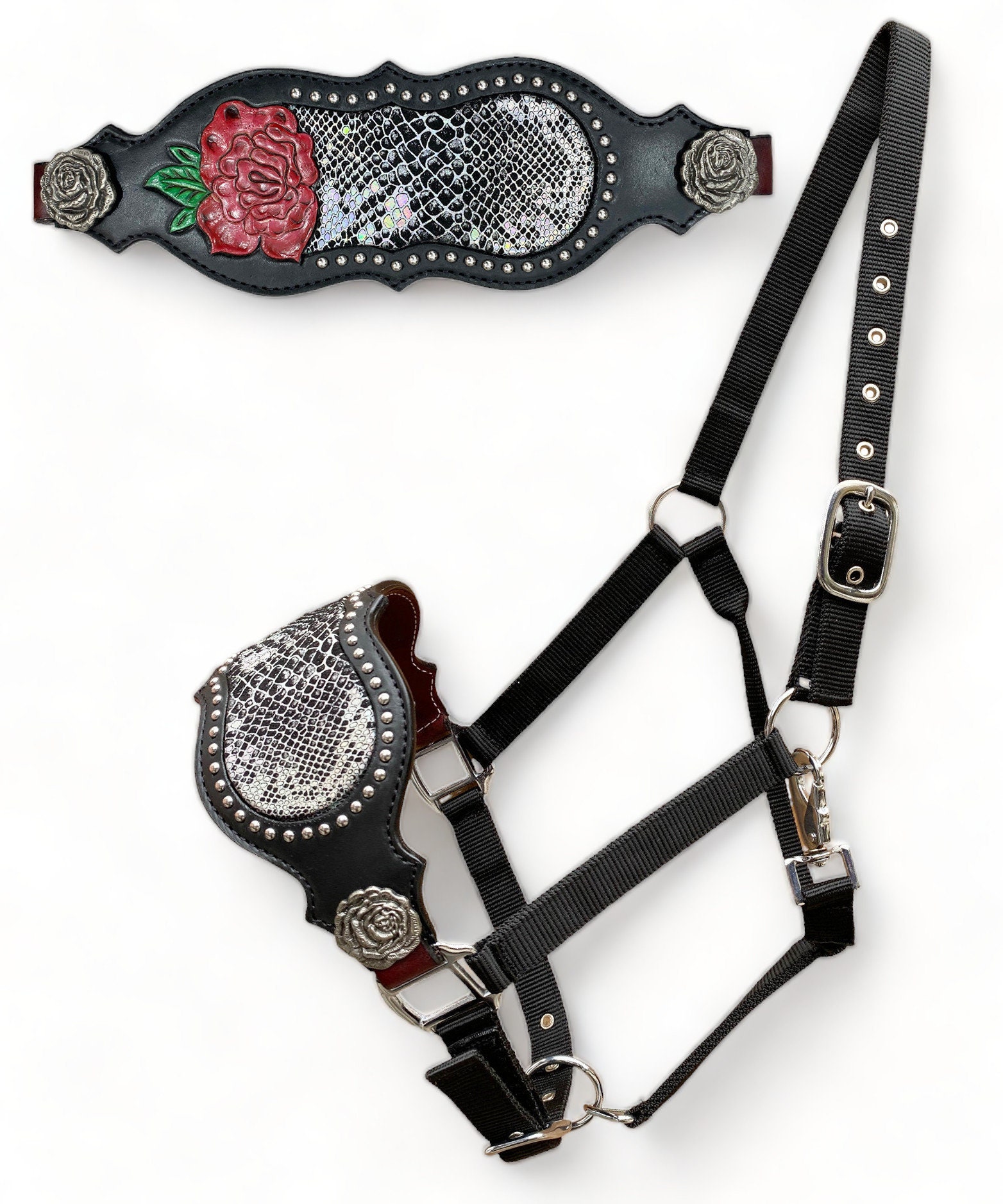 Handmade Leather Bronc Halter: Rose Concho, Snake Print, Silver Studs ...