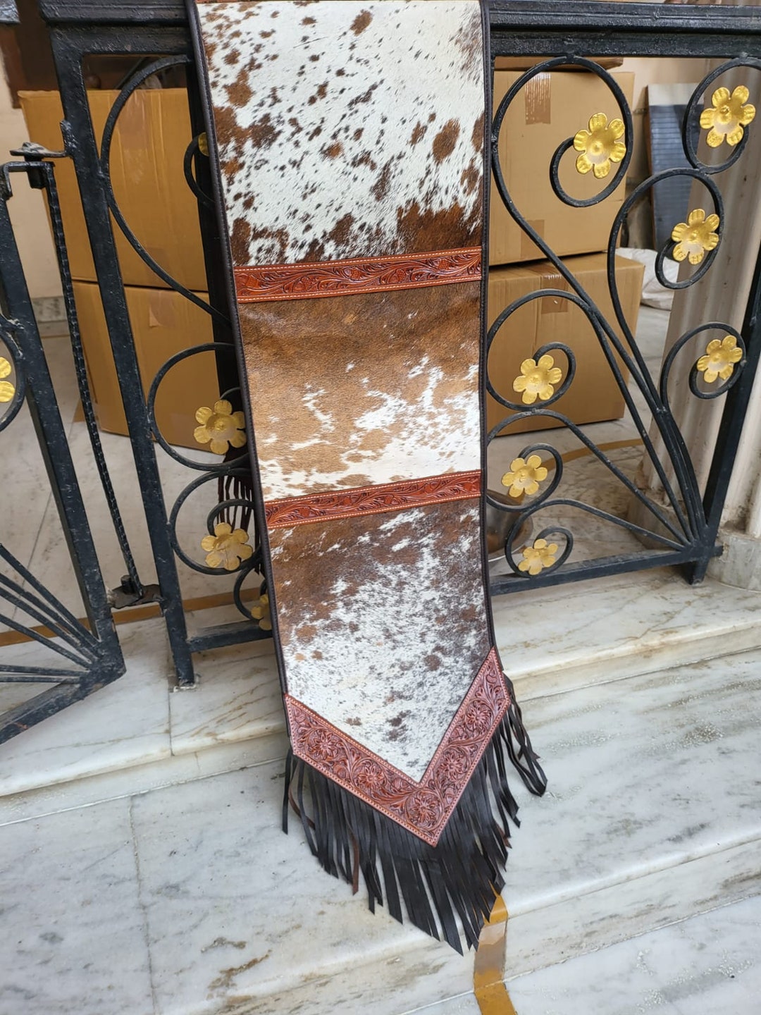 Cow Hide Table Runner Leather Table Runner on Real Acid Wash White ...