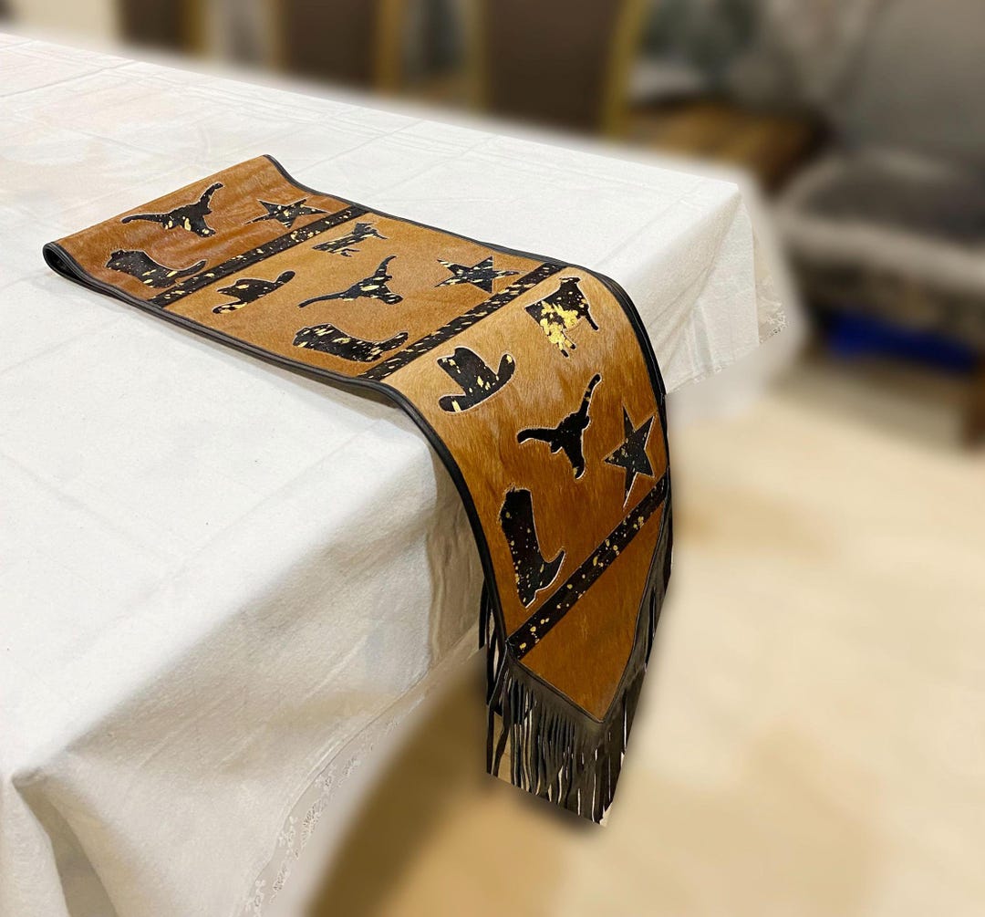Cow Hide Table Runner Leather Table Runner Brown Acid Wash Design With ...