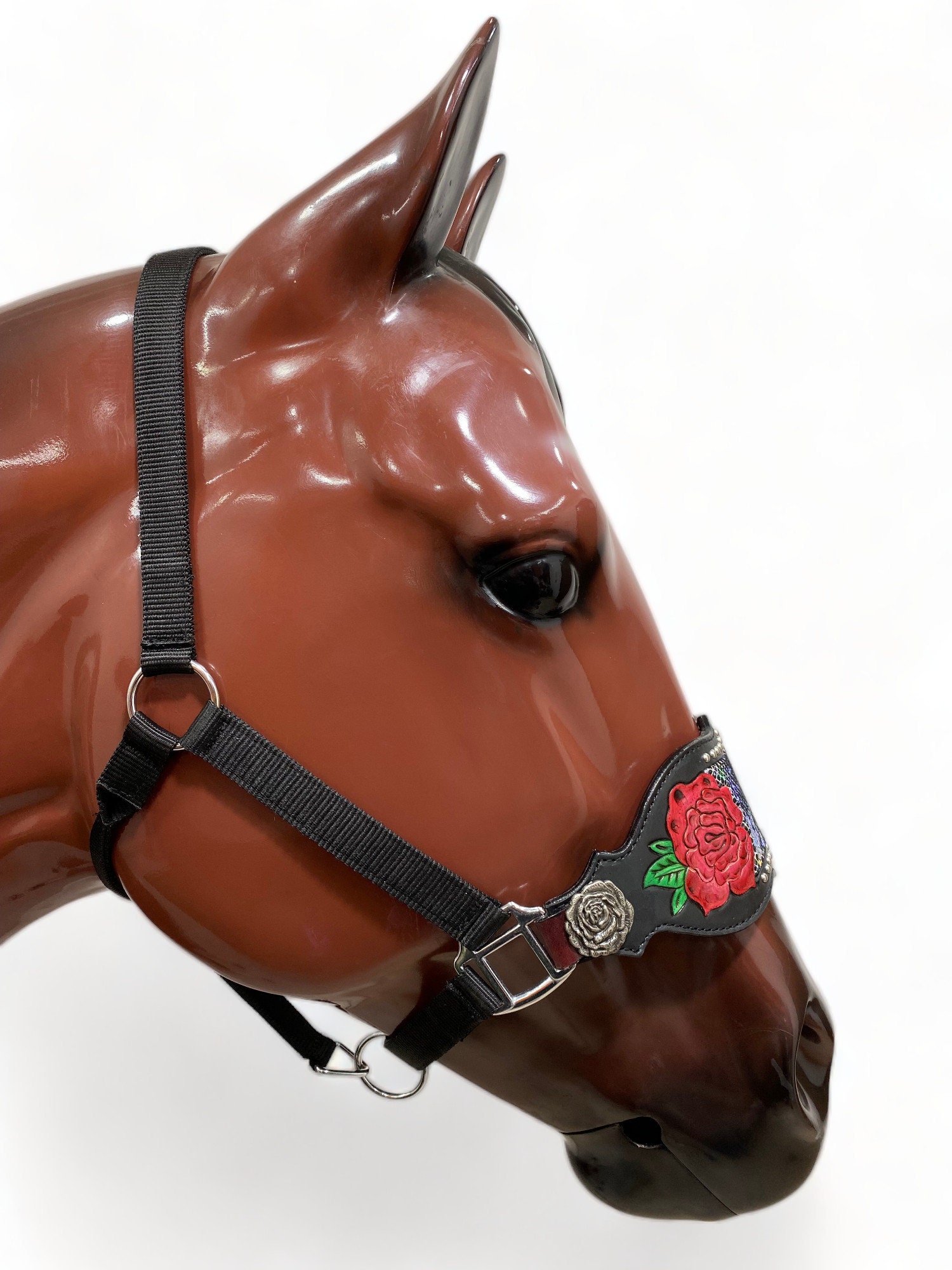 Handmade Leather Bronc Halter: Rose Concho, Snake Print, Silver Studs ...
