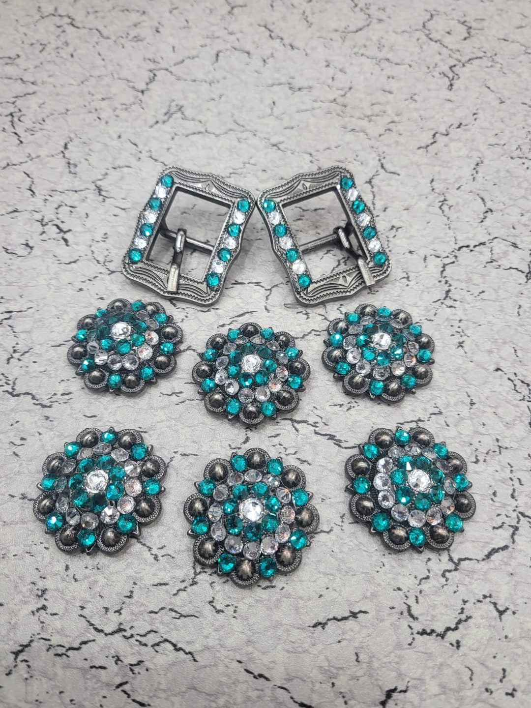 Horse Saddle Conchos With Turquoise Green With White Stones, Clear Lime ...