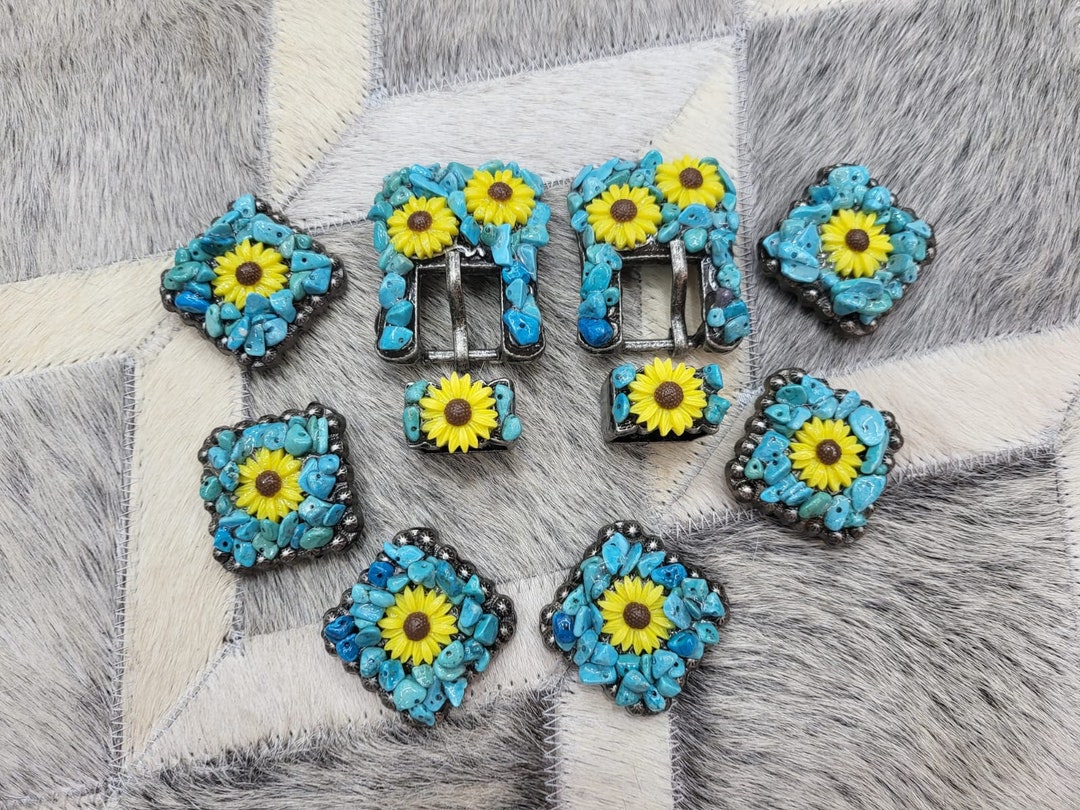 Vintage Decorated With Crushed Floral Turquoise Stone and Sunflower Design Studs Saddle Set of ...